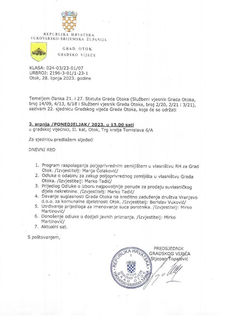 Najava: 22. sjednica Gradskog vijeća Grada Otoka | Grad Otok